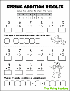 Spring Addition Riddles Worksheets (1st & 2nd Grade)