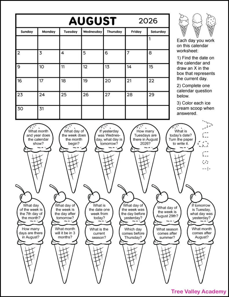Printable August 2026 Calendar & Worksheets for Kids