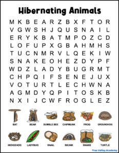 1st Grade Hibernating Animals Word Search - Tree Valley Academy