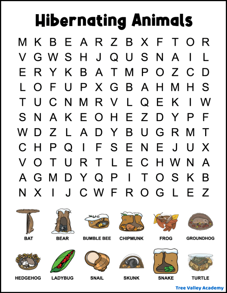 1st Grade Hibernating Animals Word Search - Tree Valley Academy