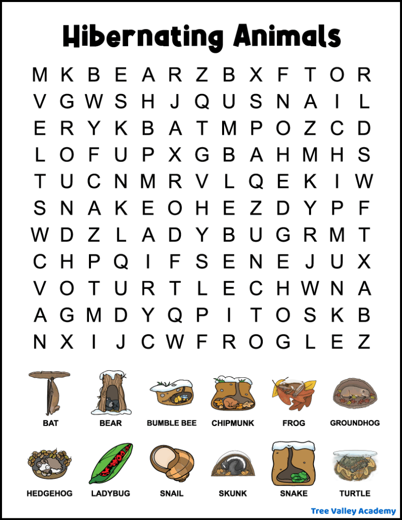 1st Grade Hibernating Animals Word Search - Tree Valley Academy