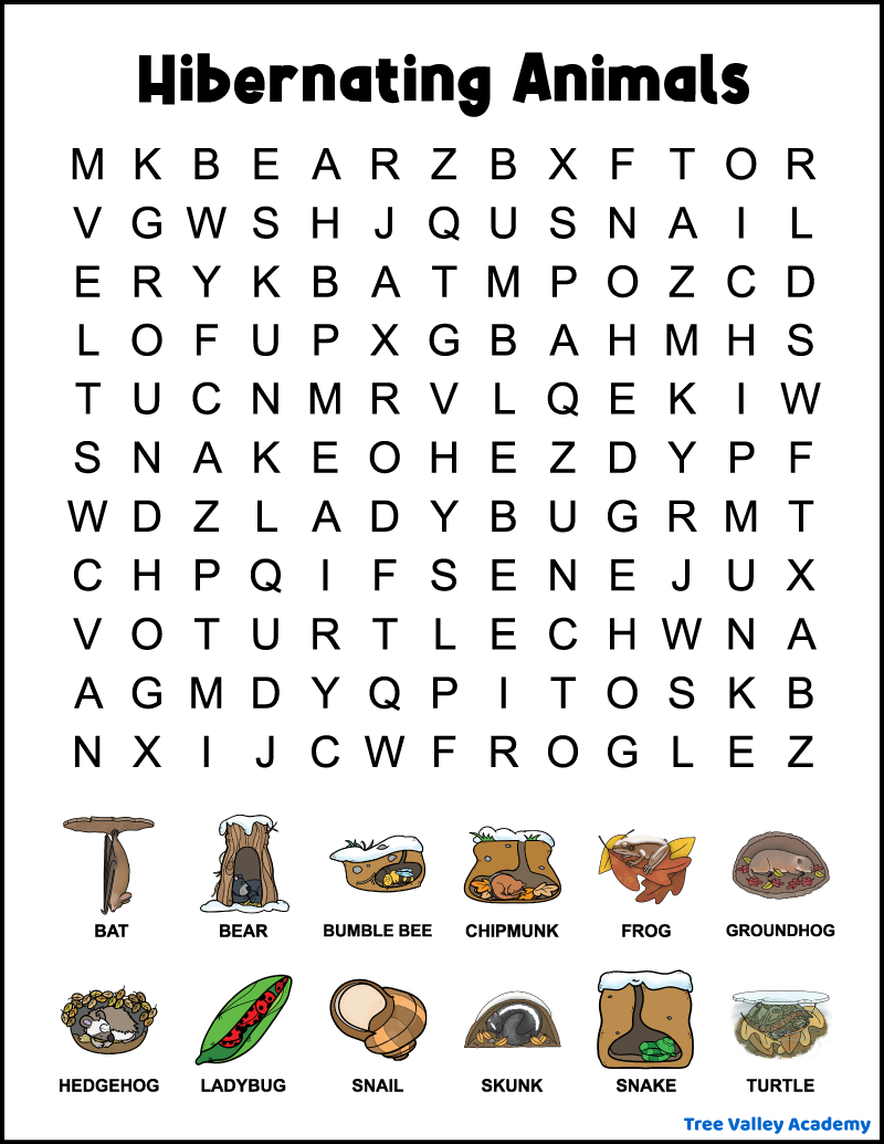 1st Grade Hibernating Animals Word Search - Tree Valley Academy