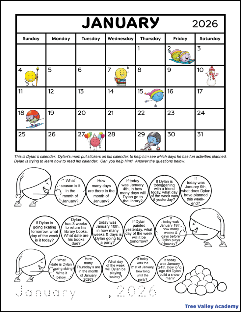 1st & 2nd Grade Calendar Math Worksheets - Tree Valley Academy
