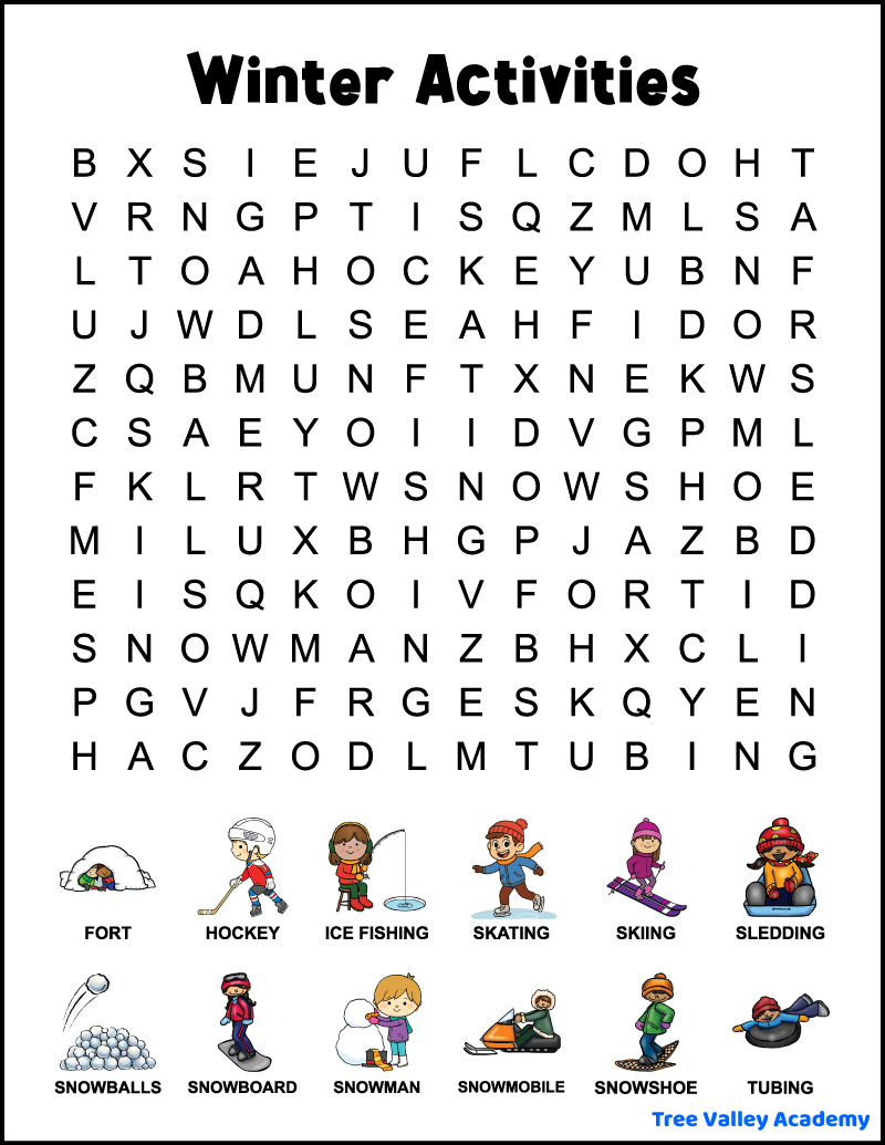 1st Grade Winter Activities Word Search - Tree Valley Academy