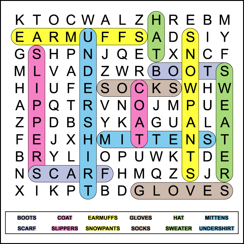 1st Grade Winter Clothing Word Search - Tree Valley Academy