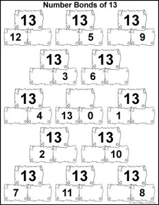 Number Bonds to 13 Free Math Worksheets