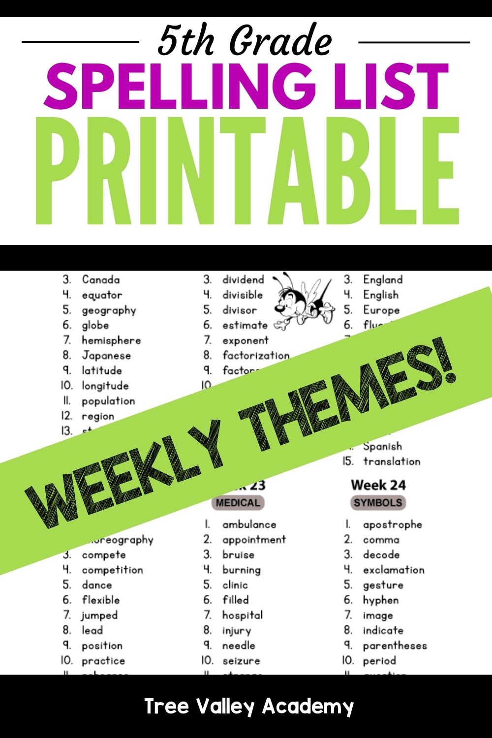 5th Grade Spelling Words - Themed Weekly Lists - Tree Valley Academy
