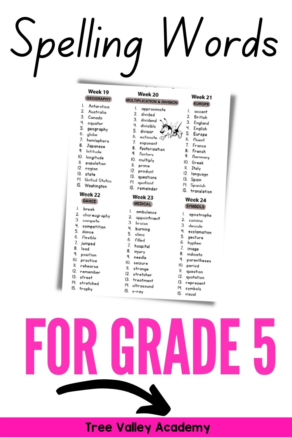 5th Grade Spelling Words - Themed Weekly Lists - Tree Valley Academy
