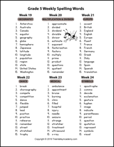 5th Grade Spelling Words - Themed Weekly Lists - Tree Valley Academy