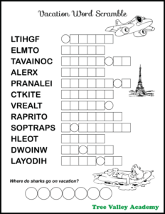 Vacation & Travel Themed Word Scramble for Kids