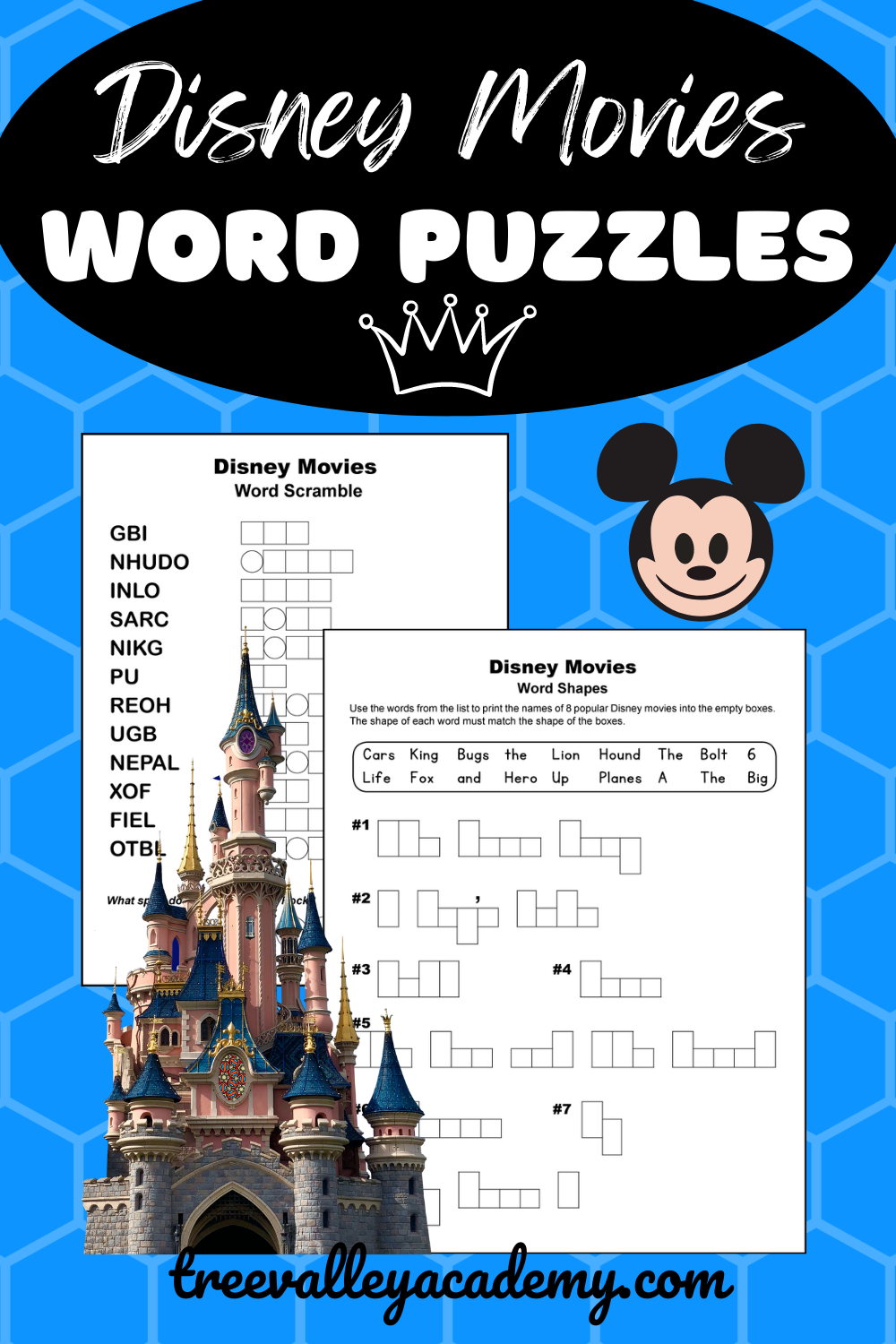 Disney Movies Word Puzzles - Word Shapes & Word Scramble