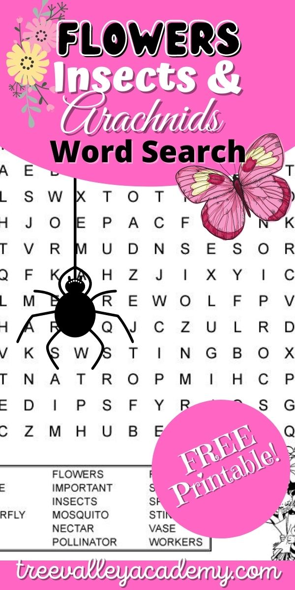 Flowers, Insects & Arachnids Word Search for Kids