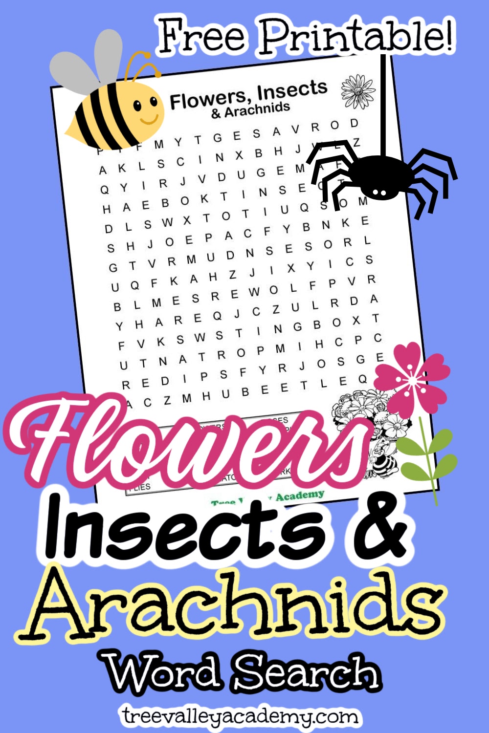 Flowers, Insects & Arachnids Word Search for Kids