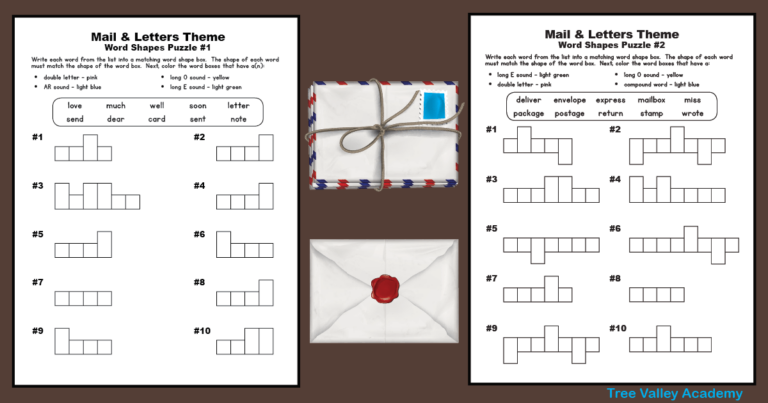 Mail & Friendly Letter Writing Themed Word Shape Puzzles