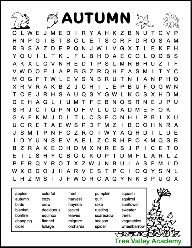 Printable Fall Word Searches For Kids Tree Valley Academy