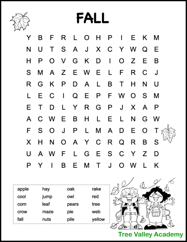 Printable Fall Word Searches for Kids - Tree Valley Academy