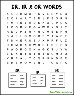 ER, IR & OR Bossy R Word Search for Kids - Tree Valley Academy
