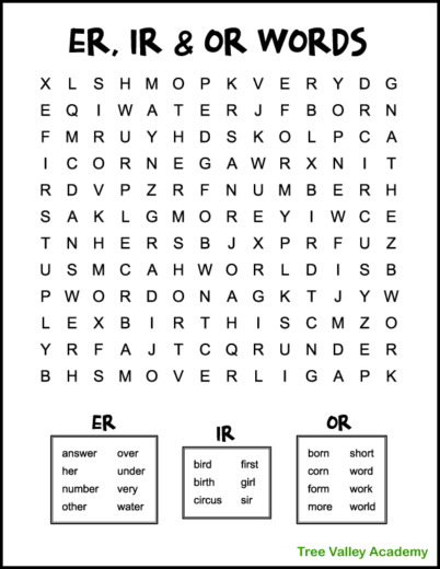 ER, IR & OR Bossy R Word Search for Kids - Tree Valley Academy