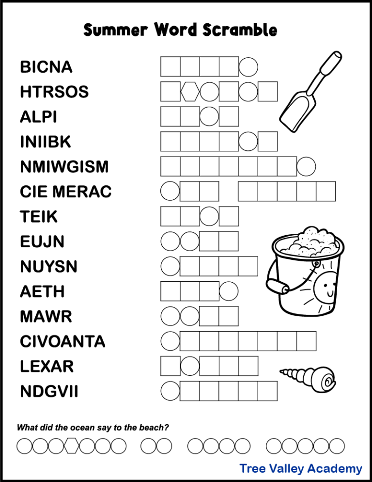 Printable Summer Word Scrambles for Kids - Tree Valley Academy