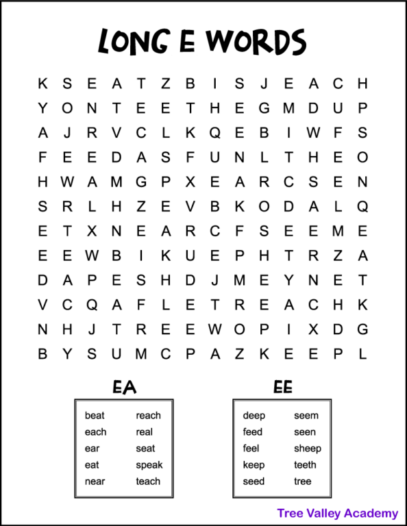 Long E Word Search - Tree Valley Academy