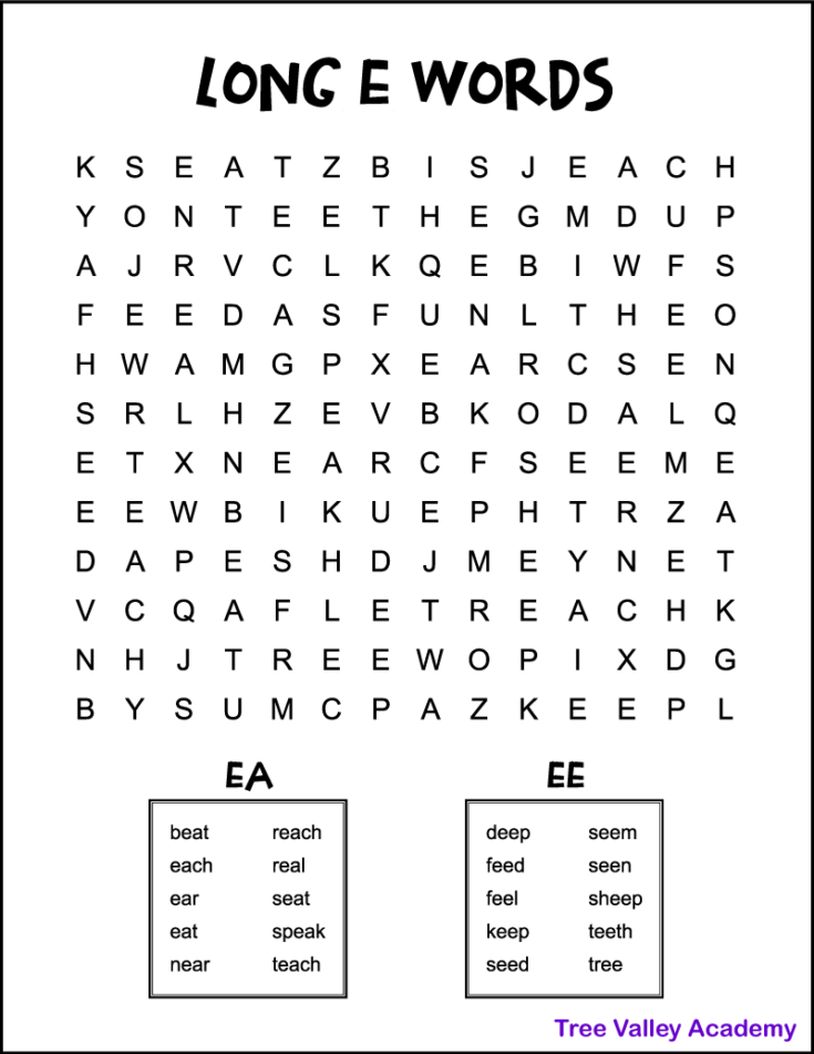Long E Word Search - Tree Valley Academy