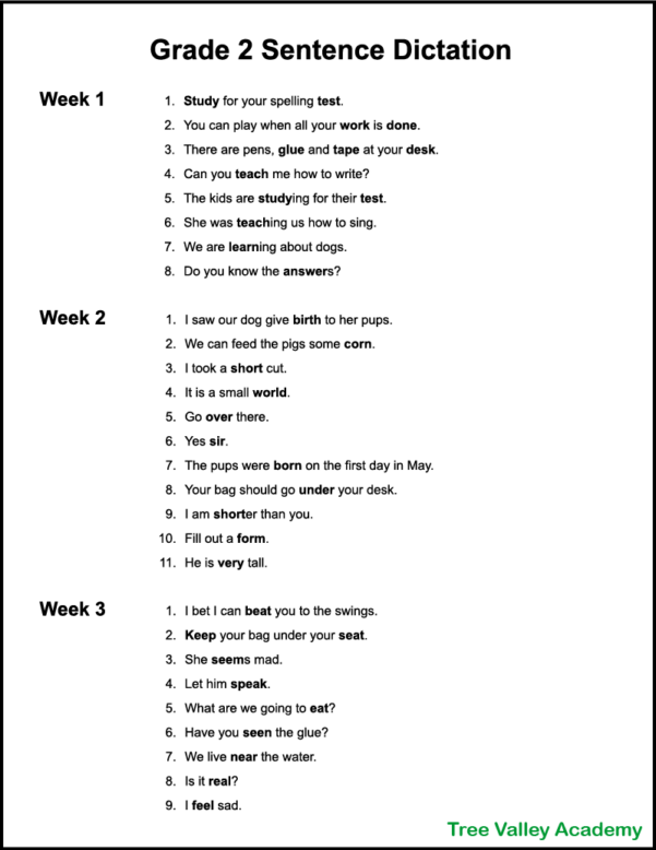 2nd Grade Dictation Sentences - Tree Valley Academy