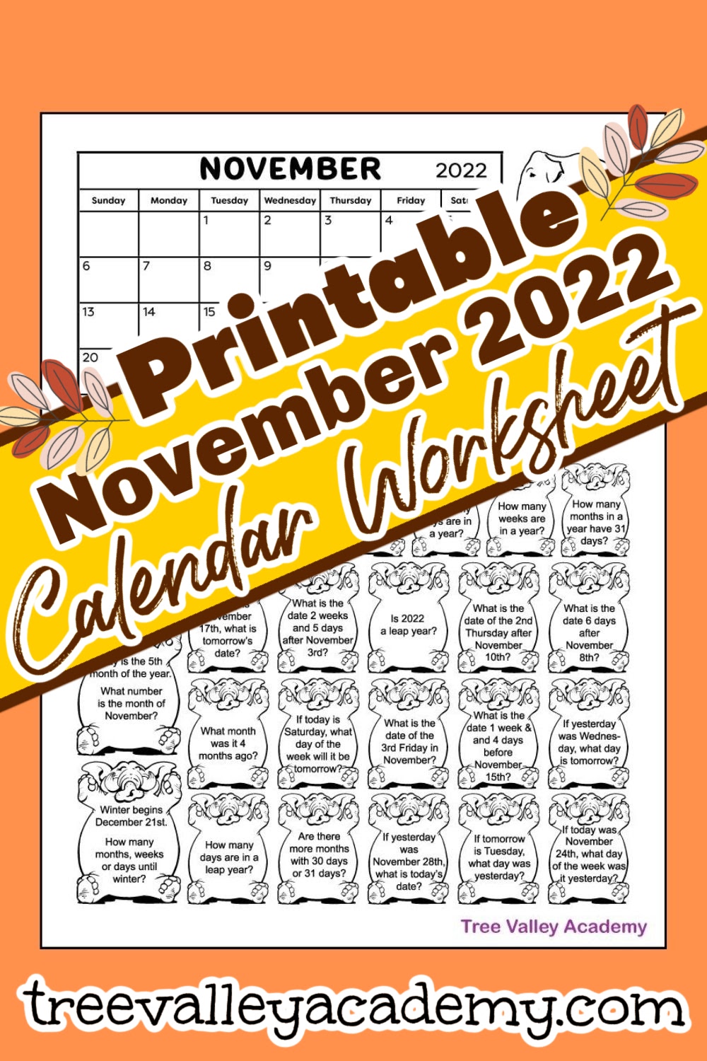 Kids Printable Calendar Worksheet for November 2025