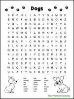 Dog Themed Word Search for Kids - Tree Valley Academy