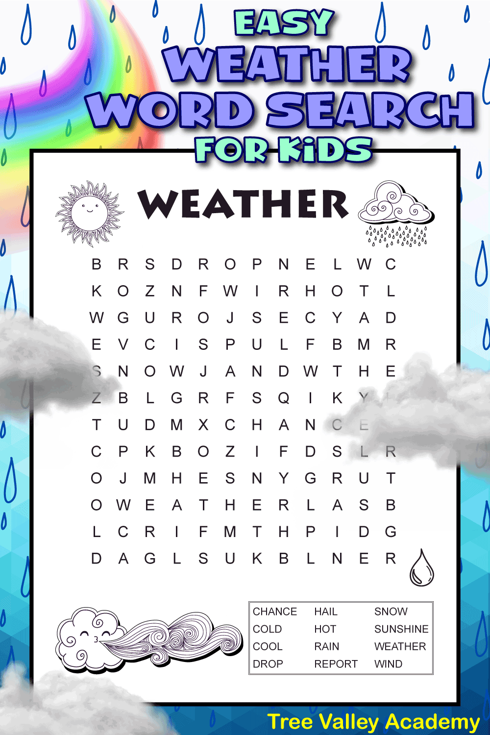 Easy Weather Word Search for Kids - Tree Valley Academy