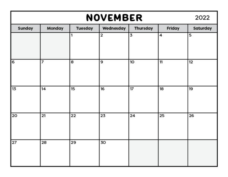 Printable November 2022 Calendar Worksheet for Grade 1 & 2
