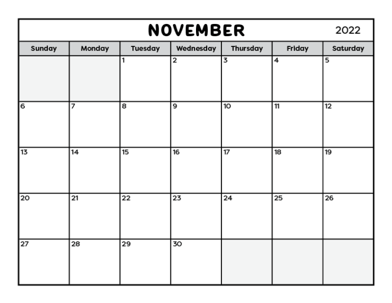Printable November 2022 Calendar Worksheet for Grade 1 & 2