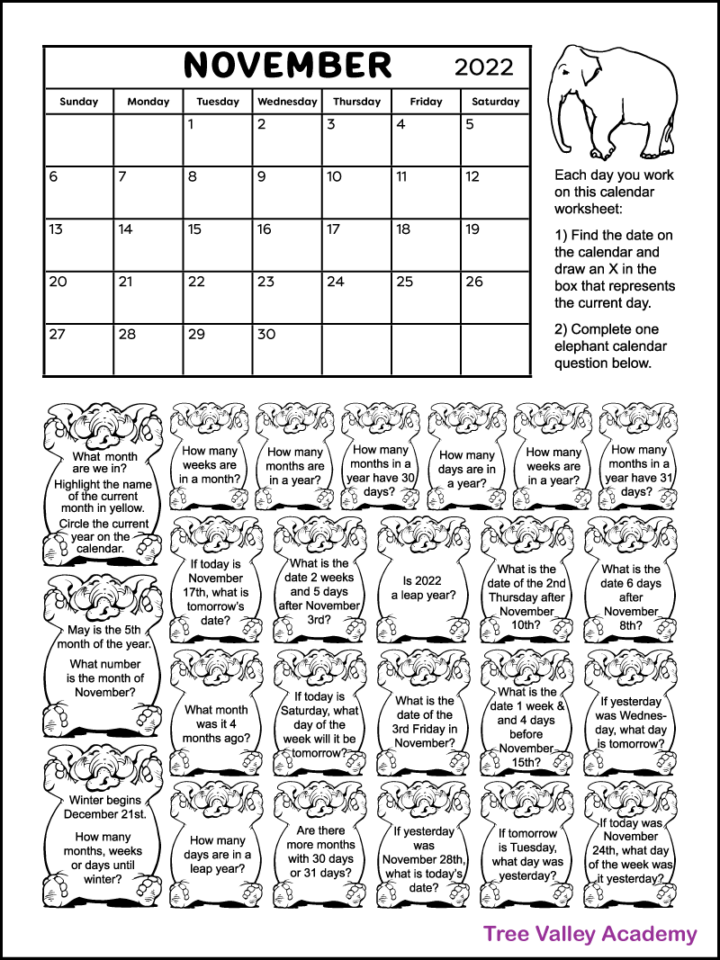 Printable November 2022 Calendar Worksheet for Grade 1 & 2