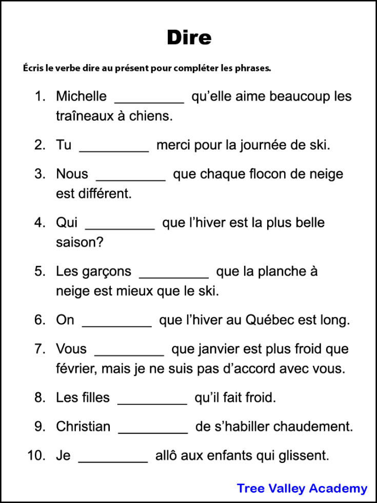 French Verb Worksheet for the Verb Dire - Tree Valley Academy