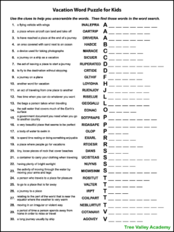 Free Printable Vacation Word Puzzle for Kids -Tree Valley Academy
