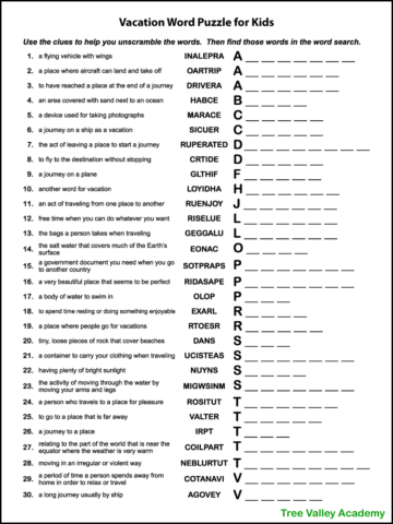 Free Printable Vacation Word Puzzle for Kids -Tree Valley Academy