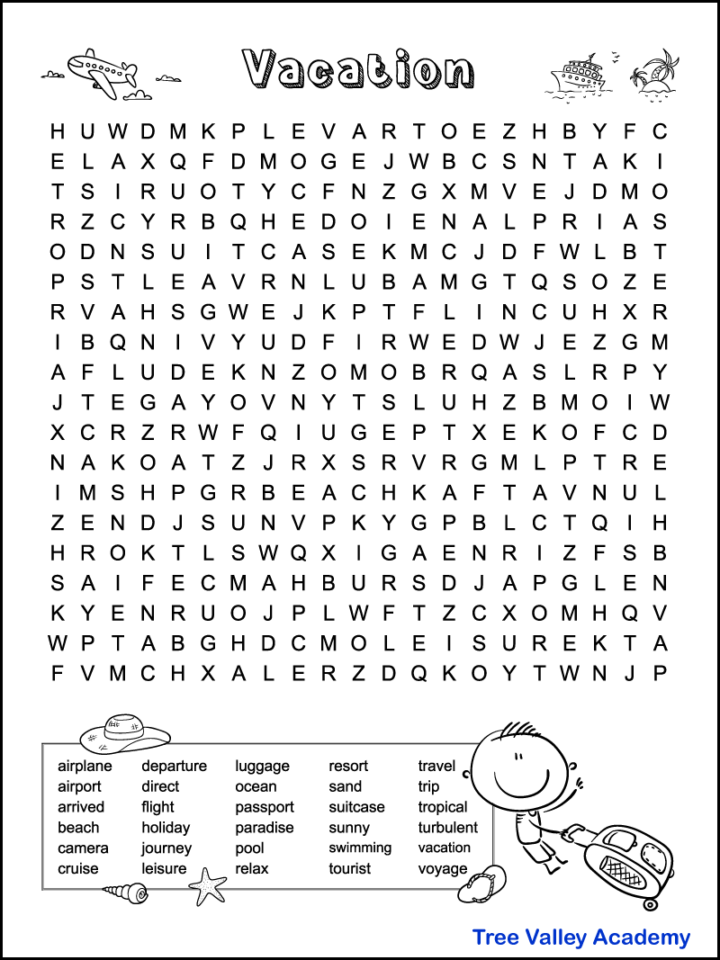 Free Printable Vacation Word Puzzle for Kids -Tree Valley Academy