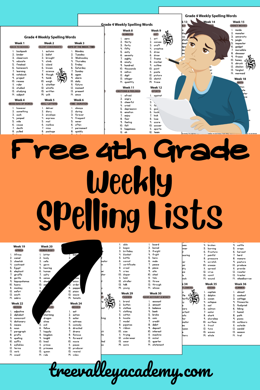 4th Grade Spelling Words - Themed Weekly Lists - Tree Valley Academy