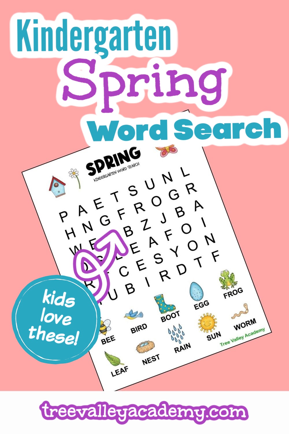 Spring Word Search for Kindergarten - Tree Valley Academy