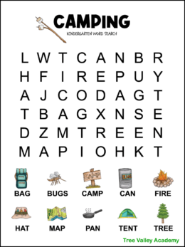 Kindergarten Camping Word Search - Tree Valley Academy