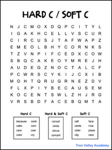 Hard C Soft C Word Search - Tree Valley Academy