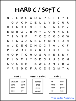 Hard C Soft C Word Search - Tree Valley Academy