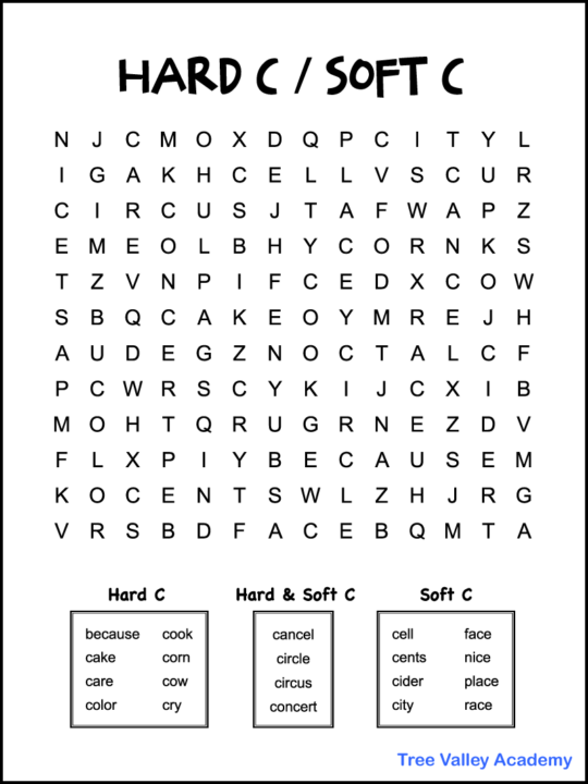 Hard C Soft C Word Search - Tree Valley Academy