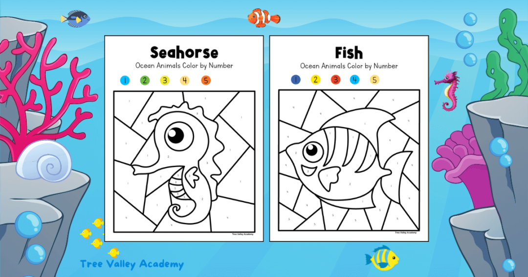 Ocean Animals Color By Number 1-5 - Tree Valley Academy