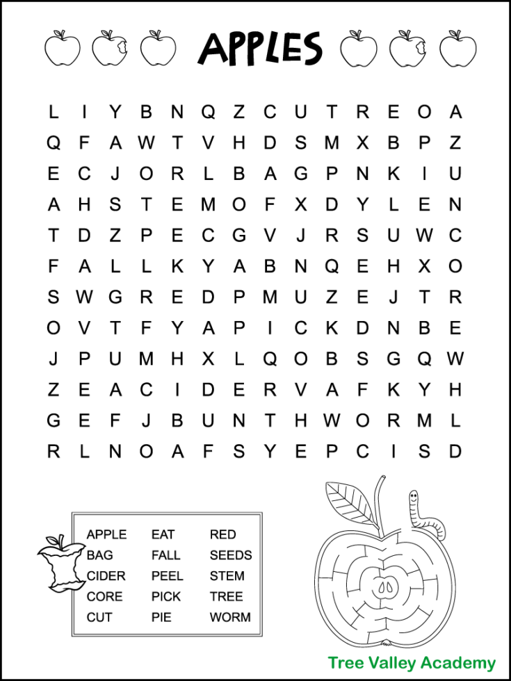 Easy Apple Word Search for Kids - Tree Valley Academy