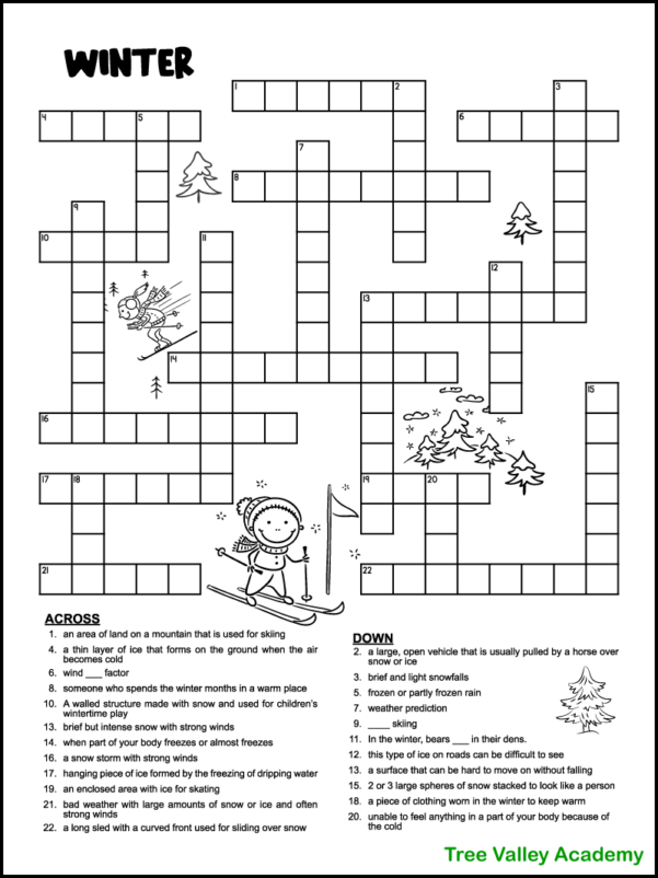 Printable Winter Crossword Puzzles for Kids - Tree Valley Academy