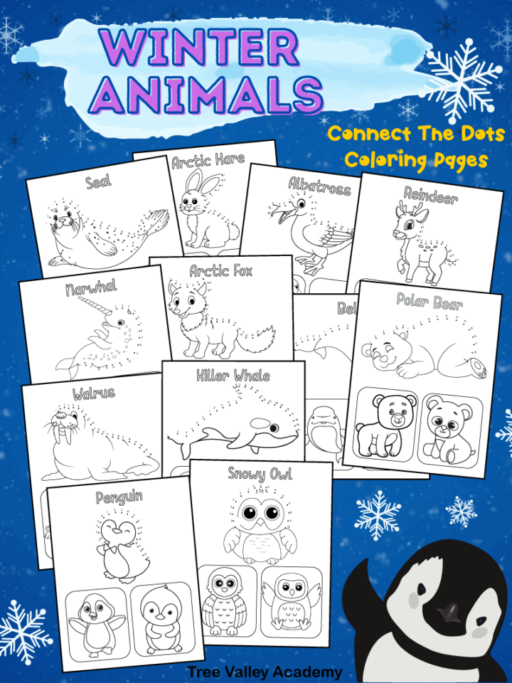 12 Winter Animals Connect the Dot Coloring Pages for Kids