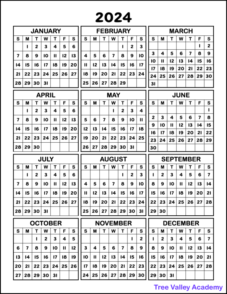 2024 Printable One Page Calendar & Kids Calendar Worksheets