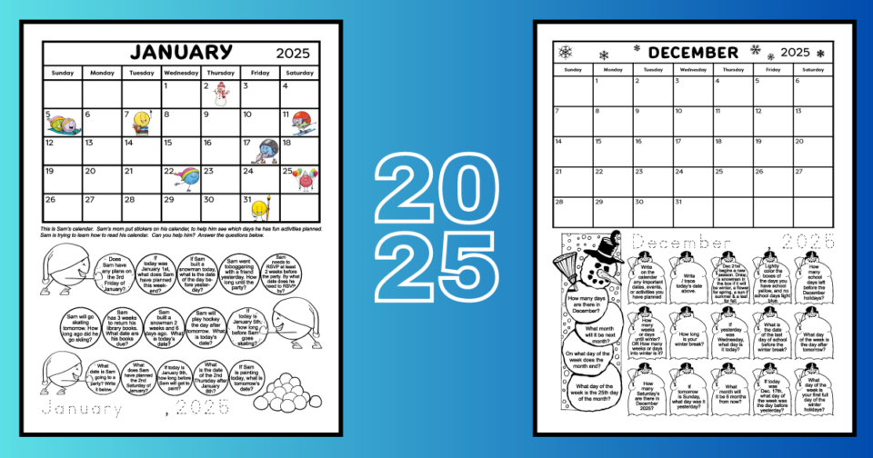 2025 Printable One Page Calendar & Kids Calendar Worksheets