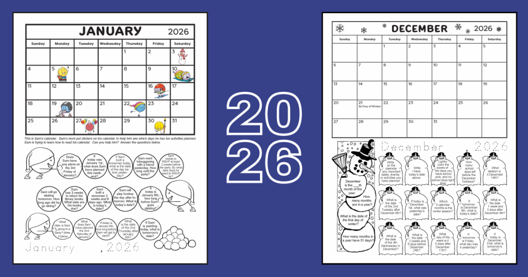 2026 Printable One Page Calendar & Kids Calendar Worksheets