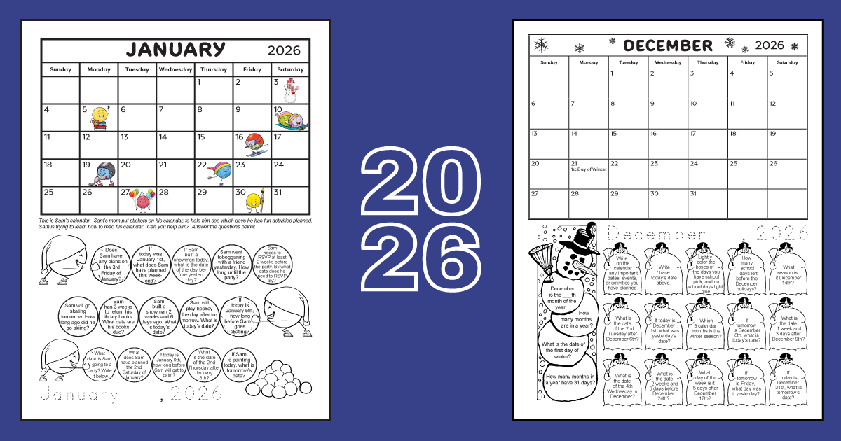2026 Printable One Page Calendar & Kids Calendar Worksheets